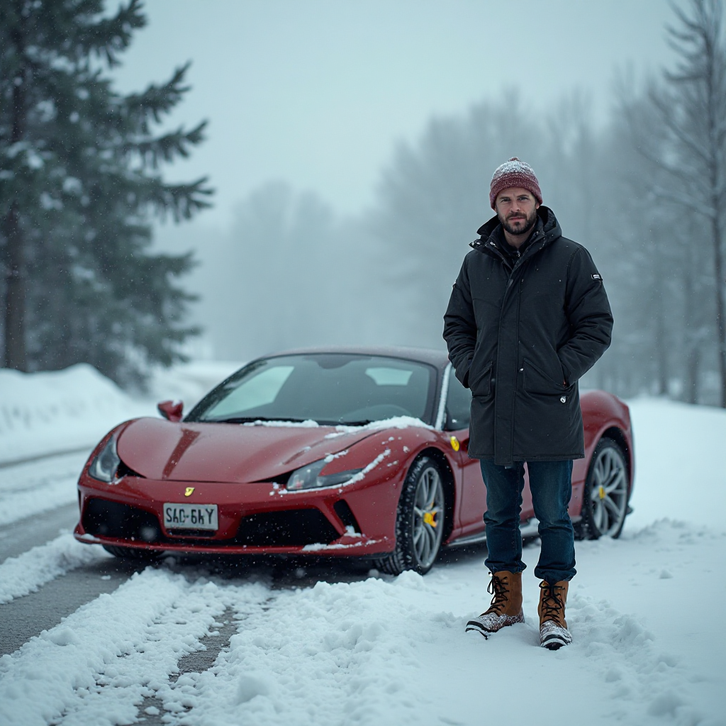 A Sad German Man Beside His Ferrari in Winter