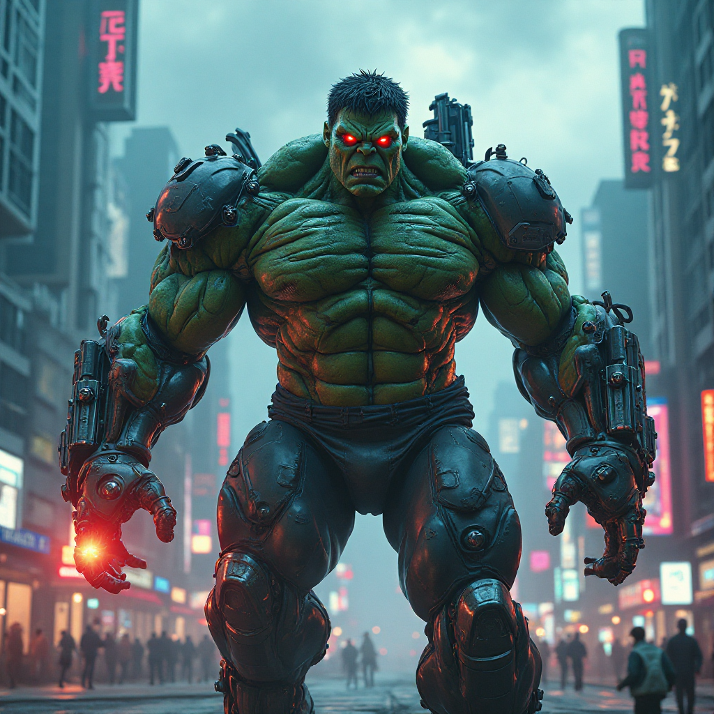 A Fusion of Hulk and Helicopter in a Neon Cyberpunk City