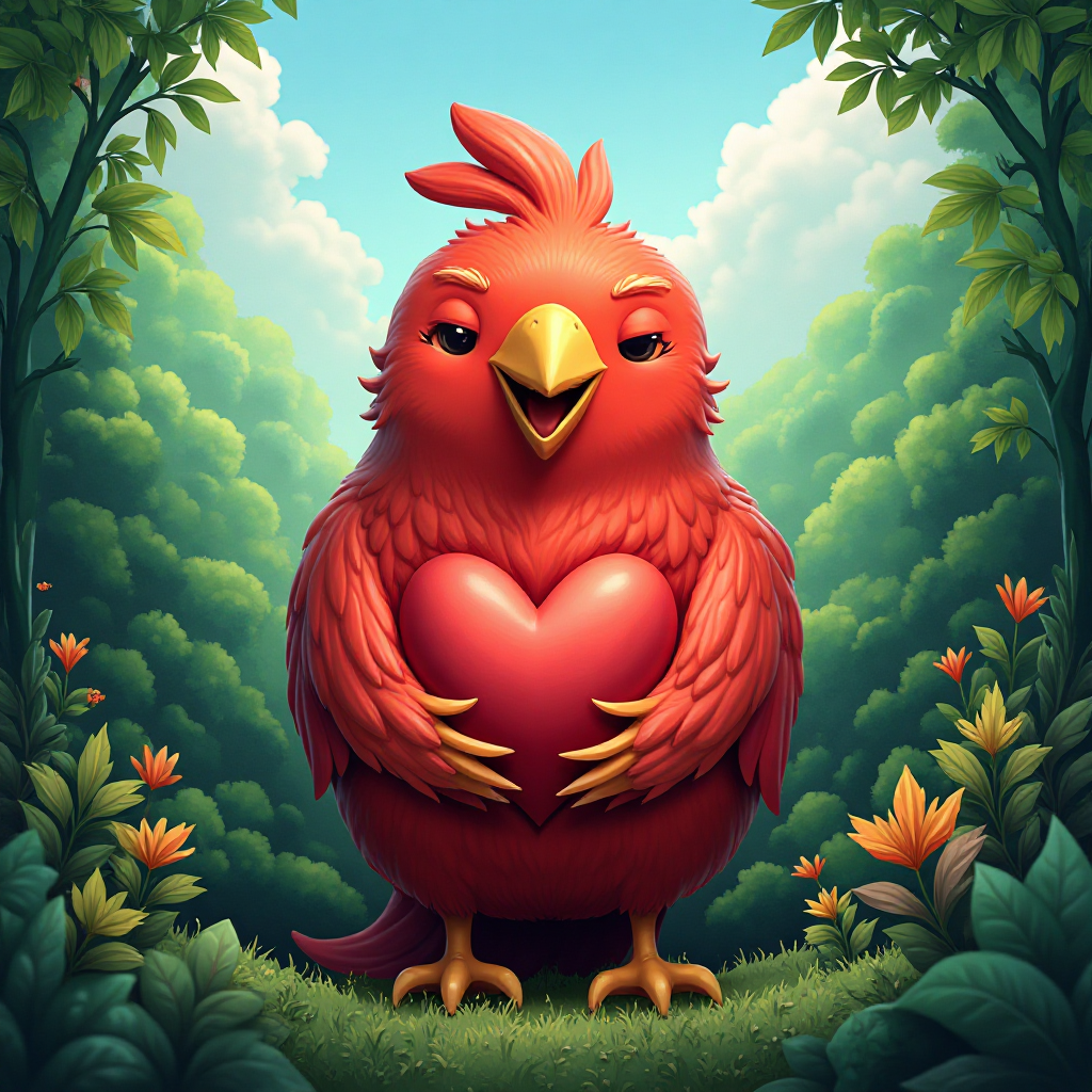 A Red Bird with a Warm Heart in a Vibrant Jungle