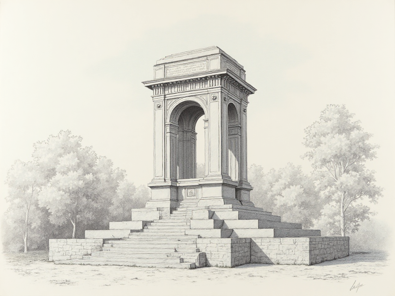 Artistic Pencil Drawing of a Monument Celebrating Goethe