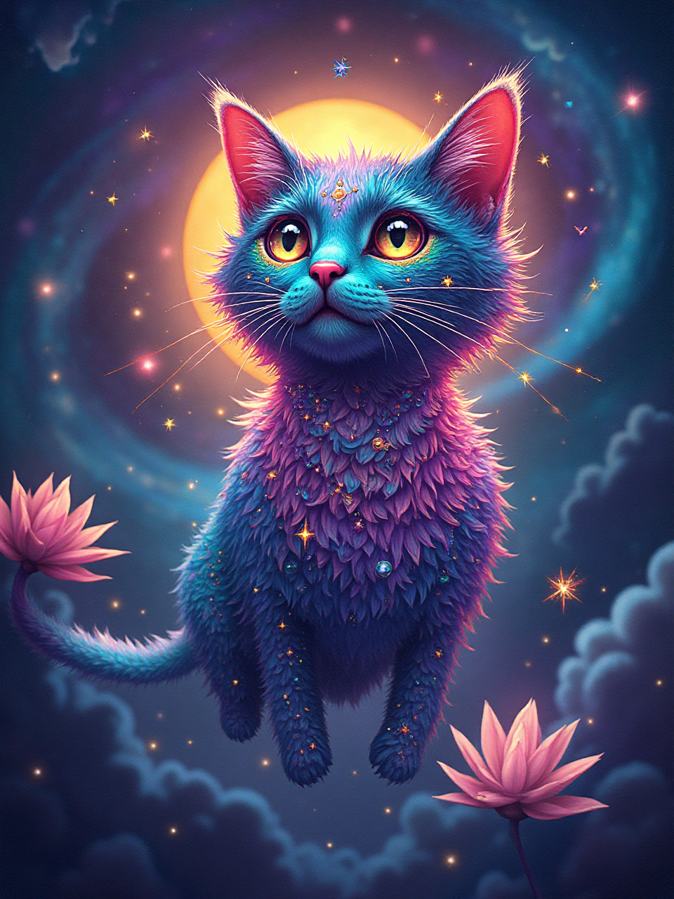 A Surreal Journey with a Cosmic Cat in Vibrant Colors