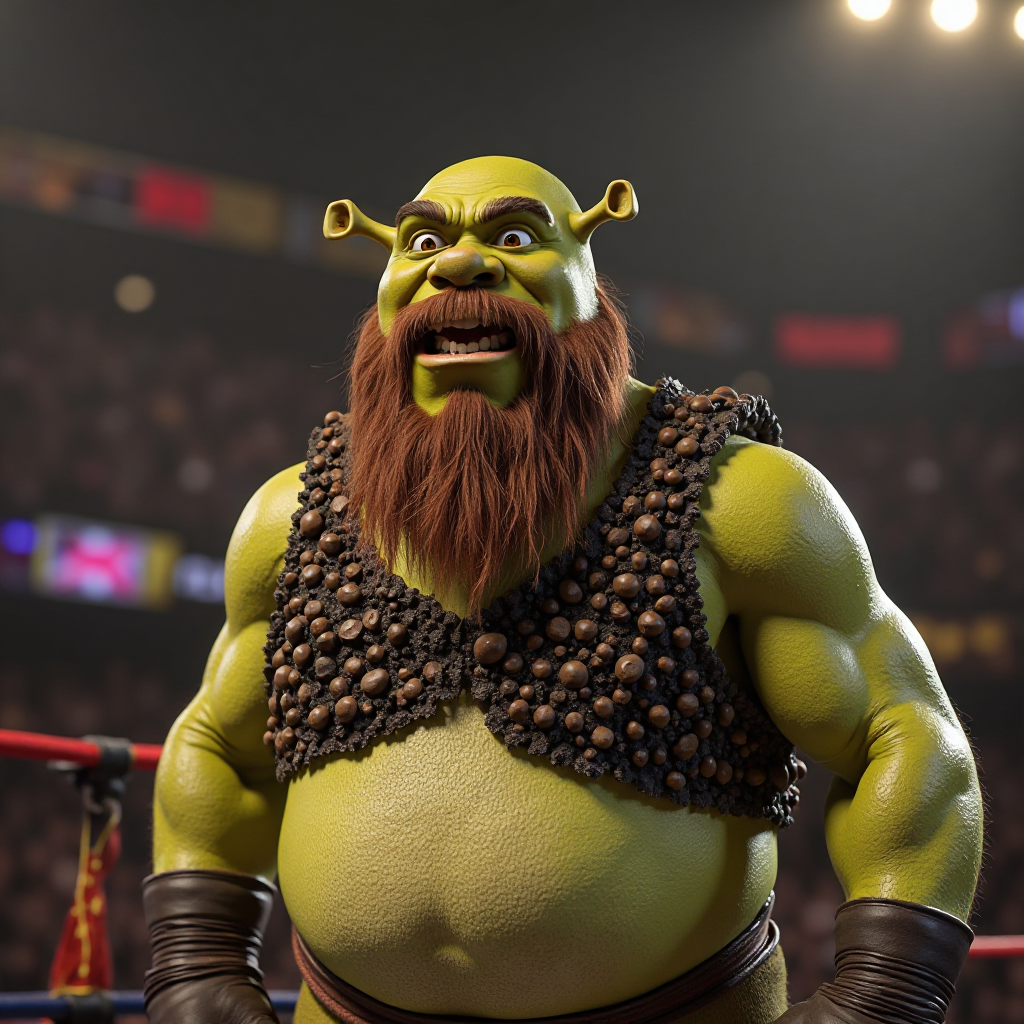 Shrek with a Beard Competing in Wrestling Ring