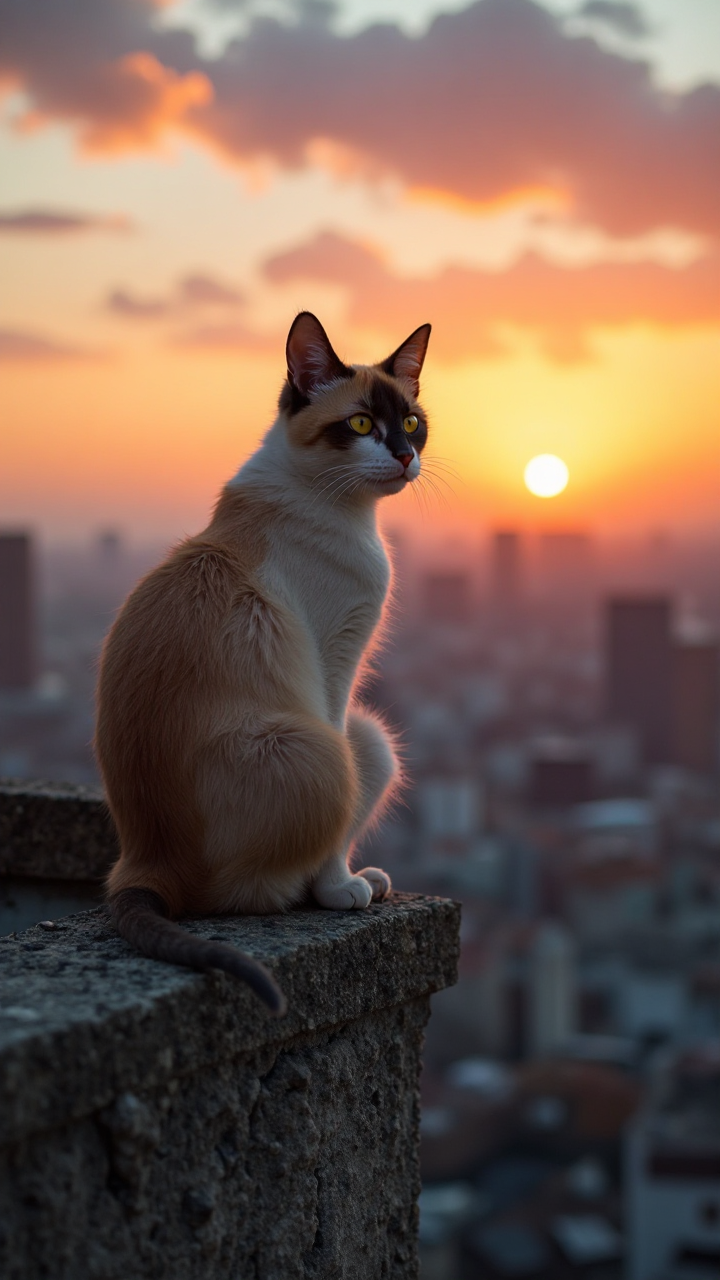 Siamese Cat on Ledge Overlooking Vibrant Cityscape at Sunset