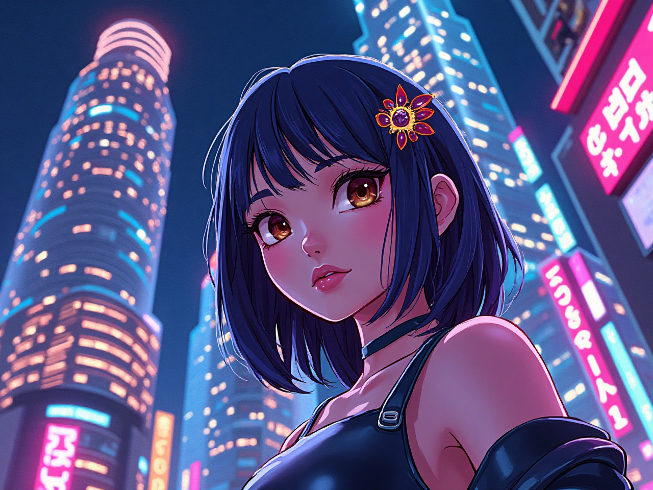 Captivating K-Pop Idol in a Neon Cityscape of Vibrant Energy
