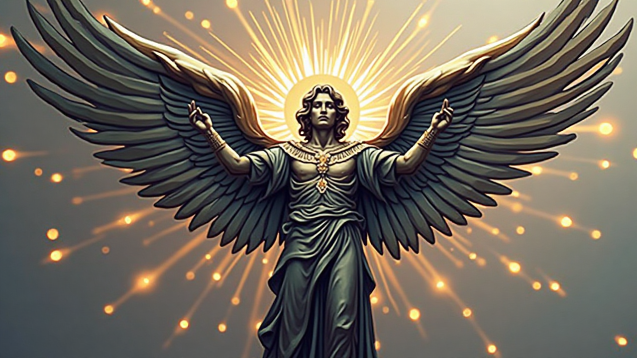 Desain logo grafis minimalis yang menampilkan Archangel Michael