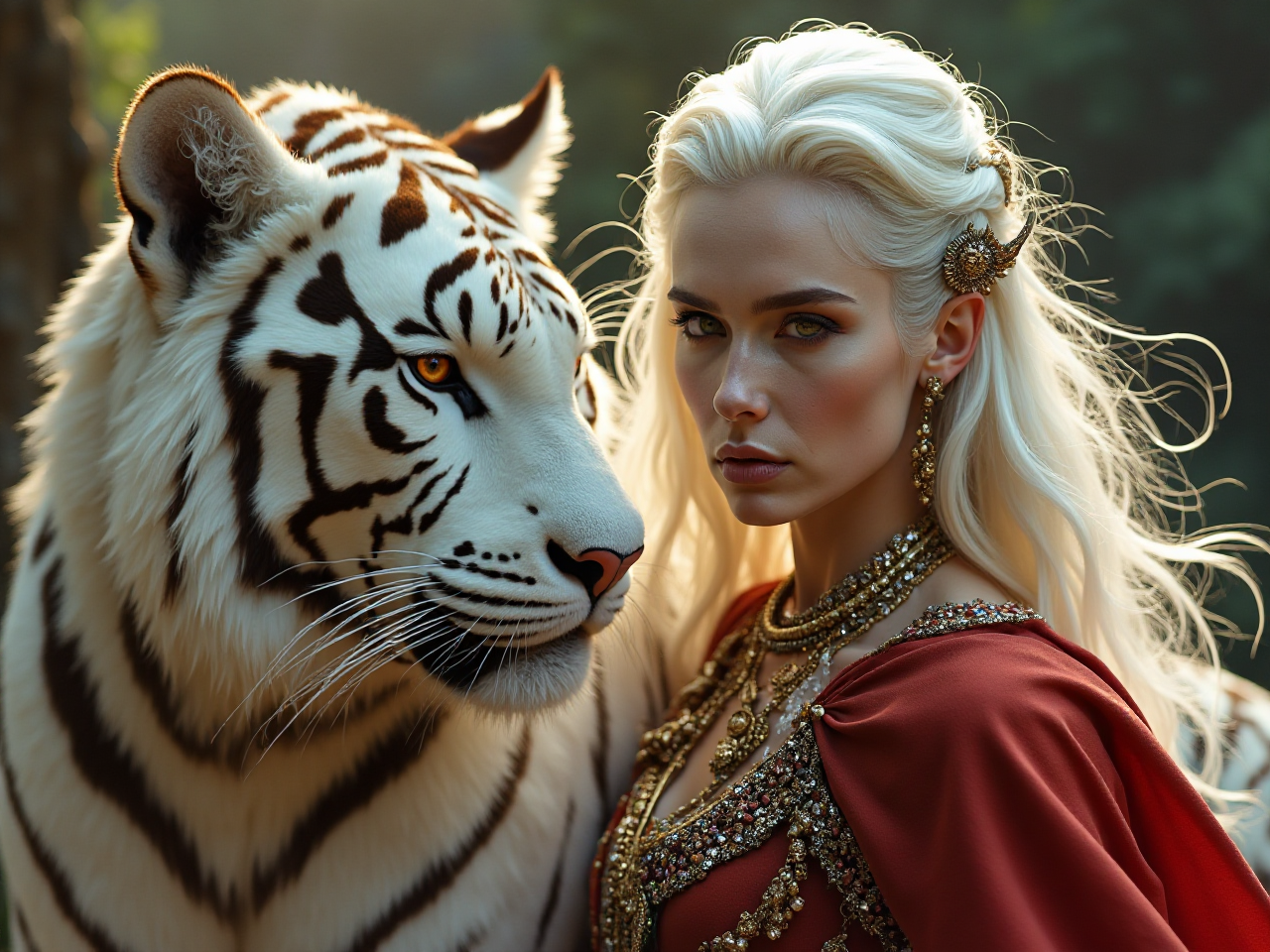 A Fierce White-Skinned Woman and Her Majestic Tiger Companion