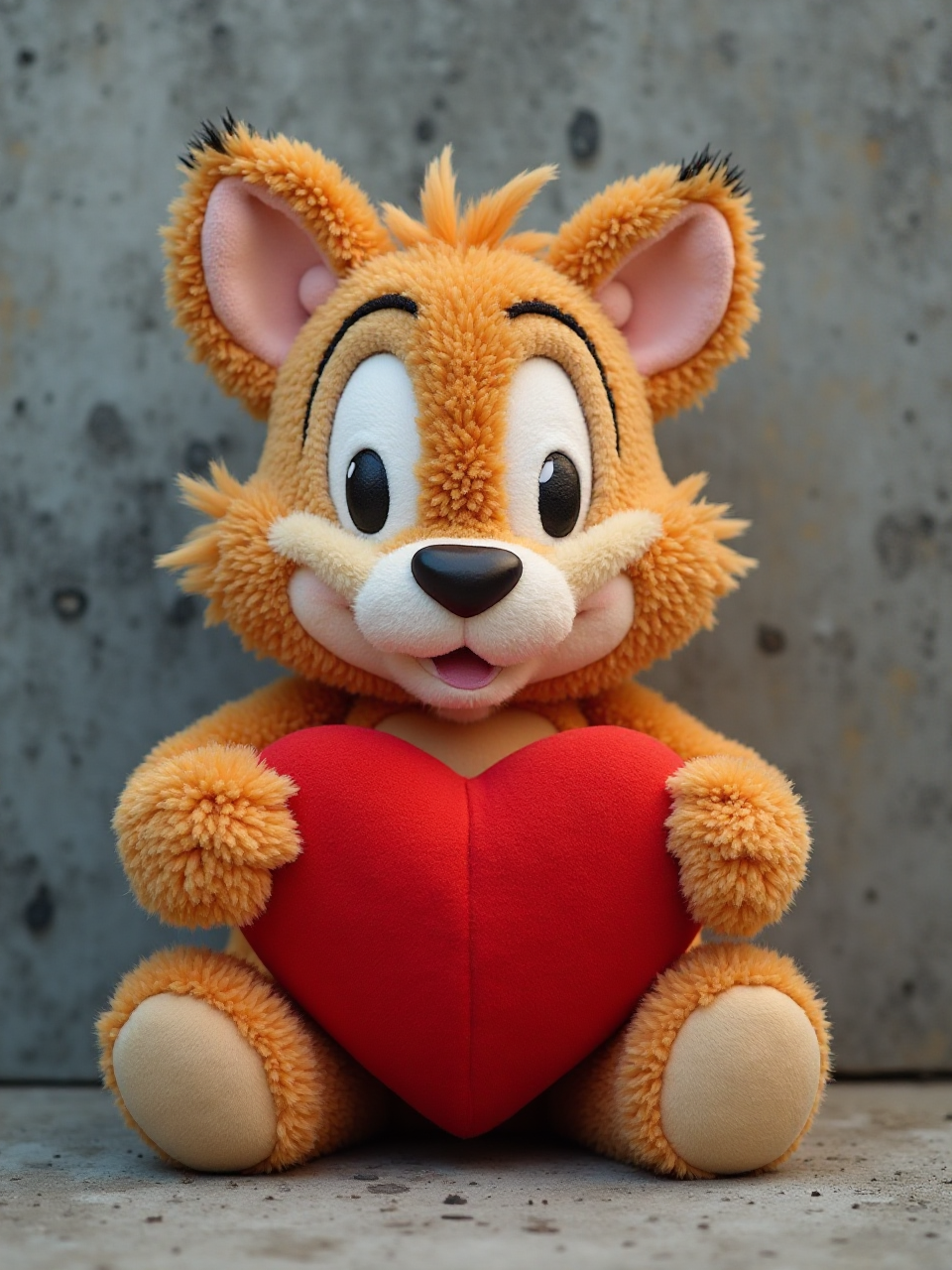 Fluffy Hobbes Plush Toy with Heart on Concrete