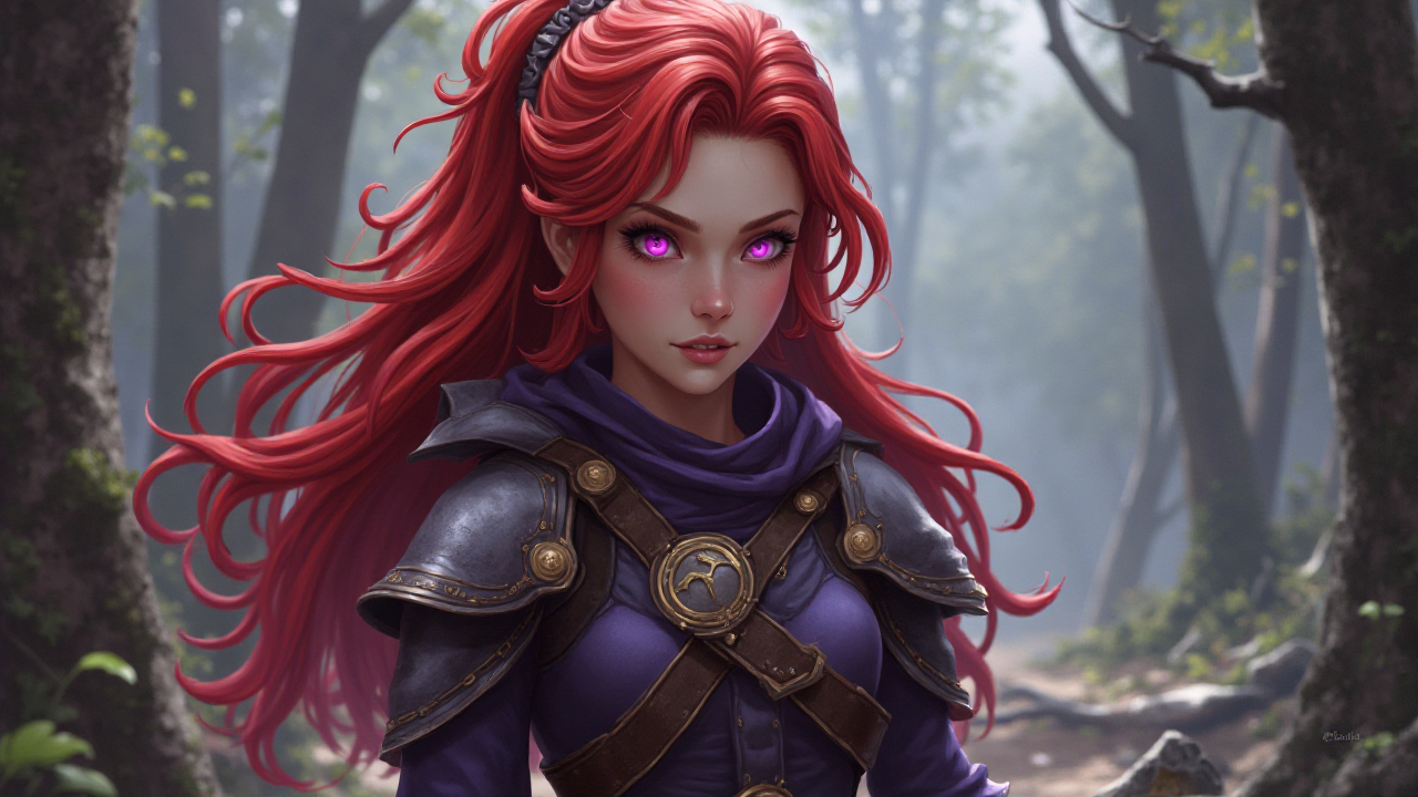 Aasimar Ranger with Red Hair and Purple Eyes