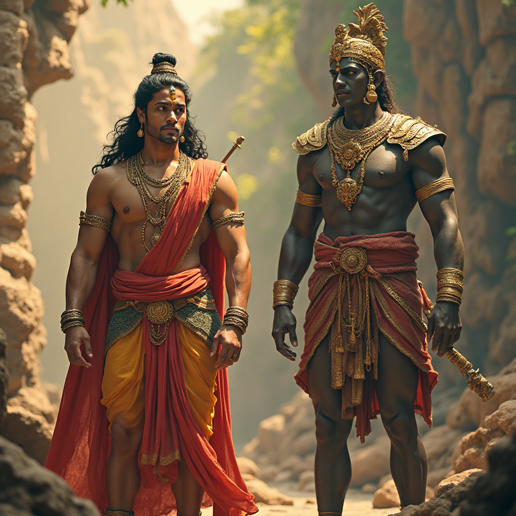 The Confrontation of Lord Rama and Ravana in Traditional Attire