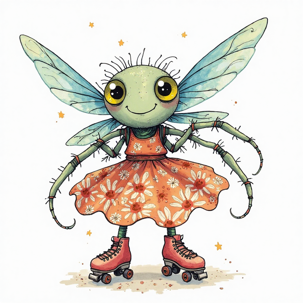 Whimsical Roller Skating Spider with Dragonfly Wings