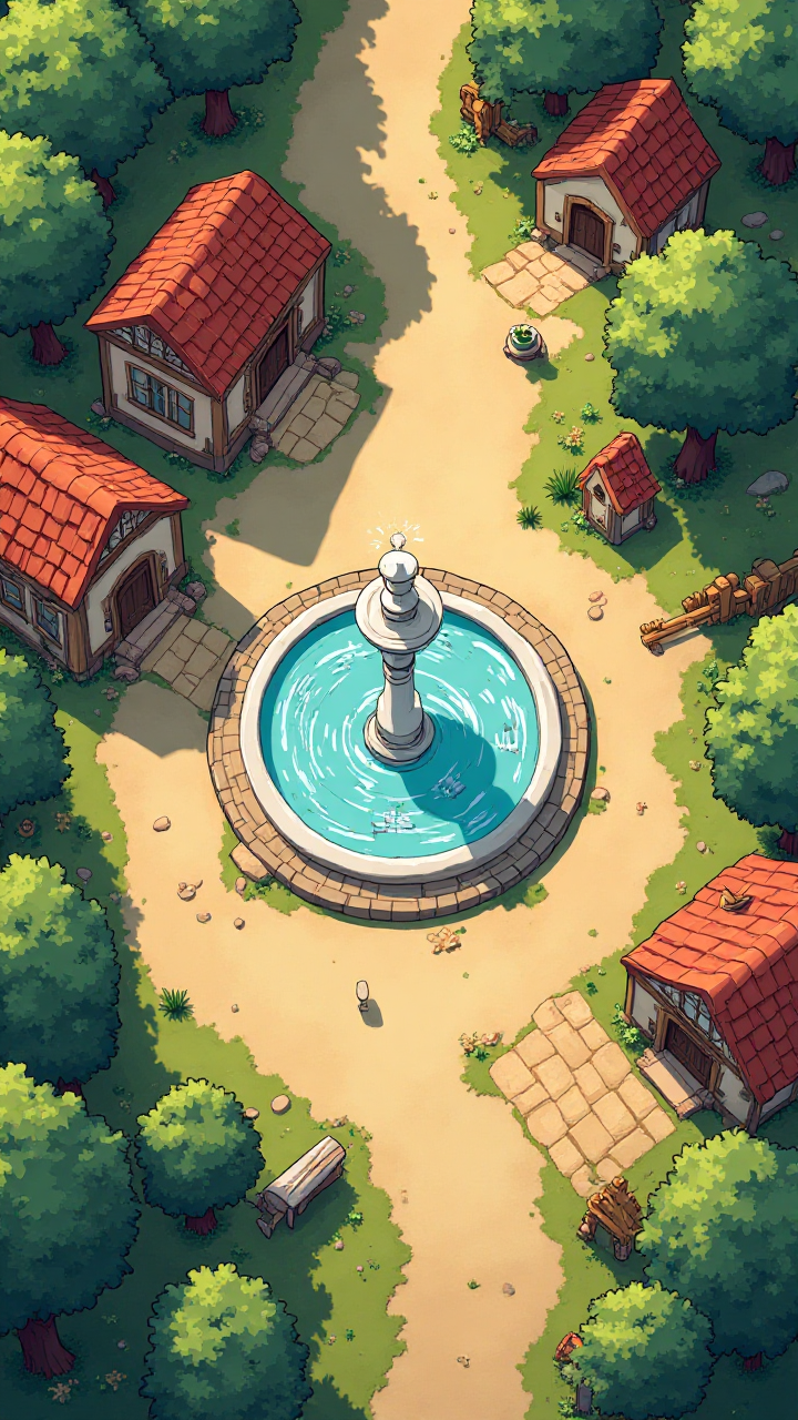 A Whimsical Cartoon Town Concept with Central Fountain