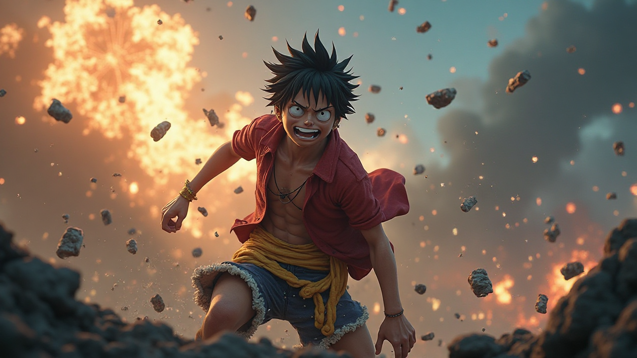 Hyper-Realistic Character Design of Luffy in Chaotic Battle Scene