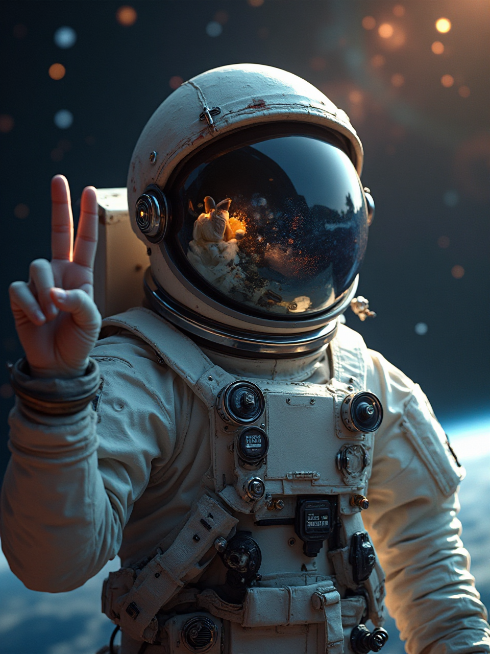 A Realistic Astronaut in Detailed Spacesuit Signaling Peace