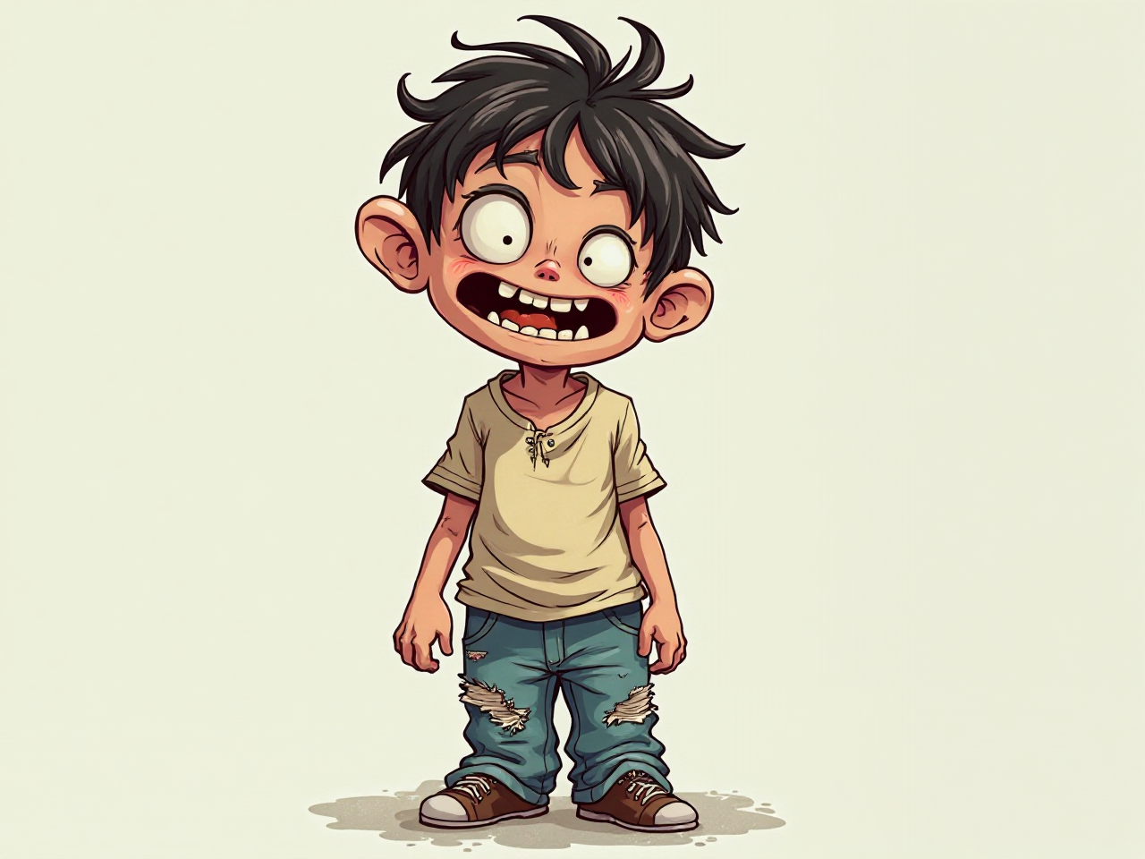 A Humorous Cartoon of a Scruffy Boy in Distressed Clothing