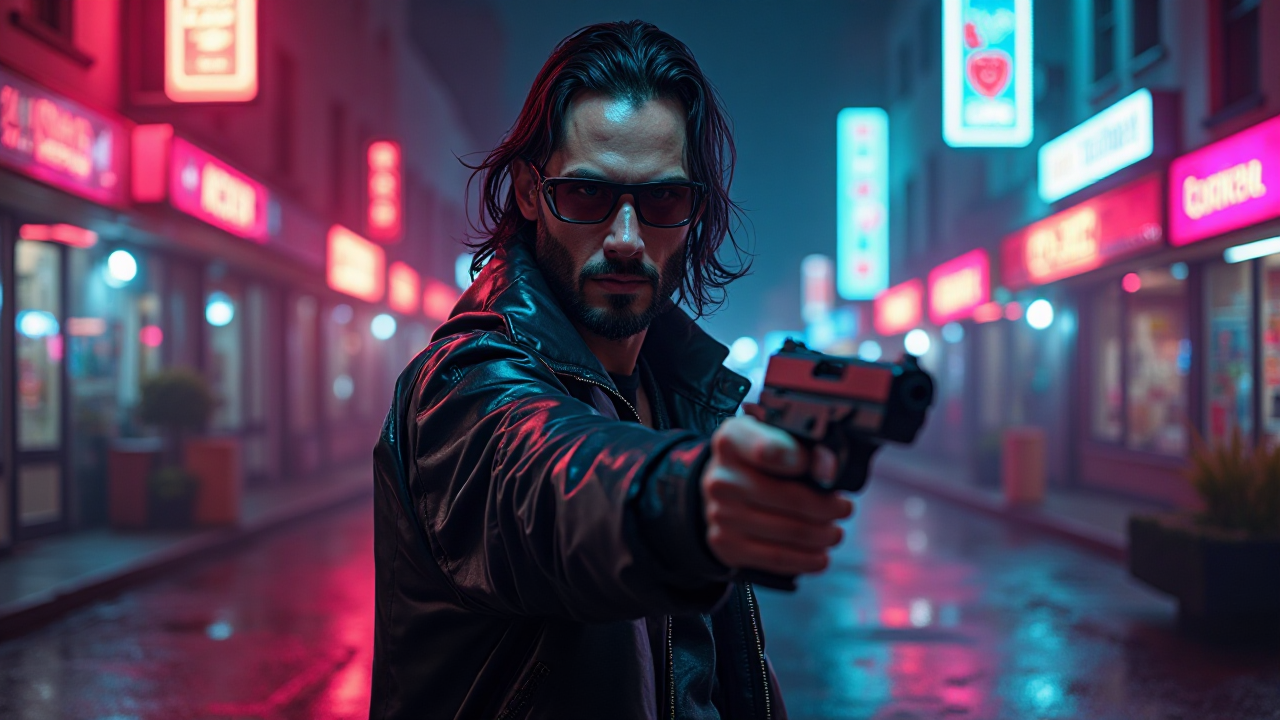 Keanu Reeves in Cyberpunk Action with Neon Lights