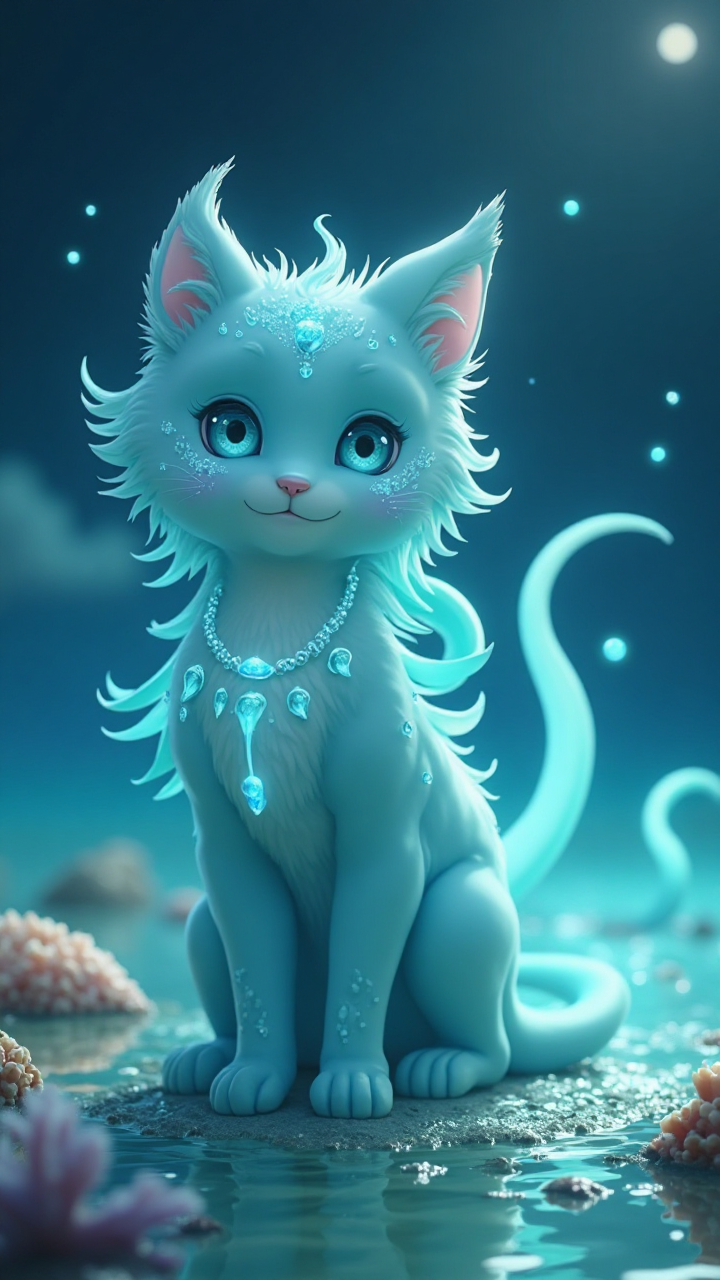 Mystical Kitsune with Shimmering Cyan Fur and Glowing Tails