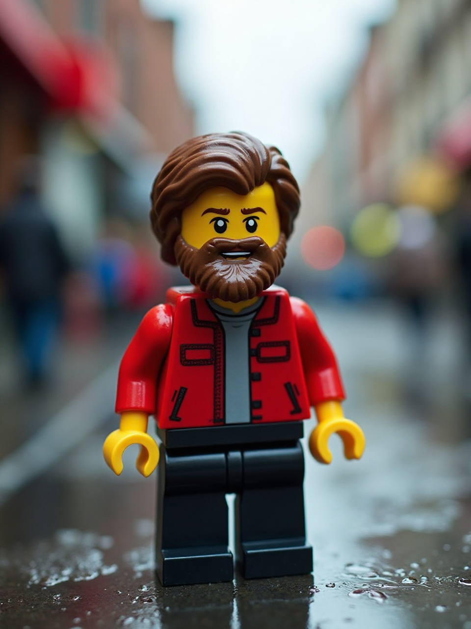 Close-Up Image of a Bearded Lego Minifigure on Wet Street