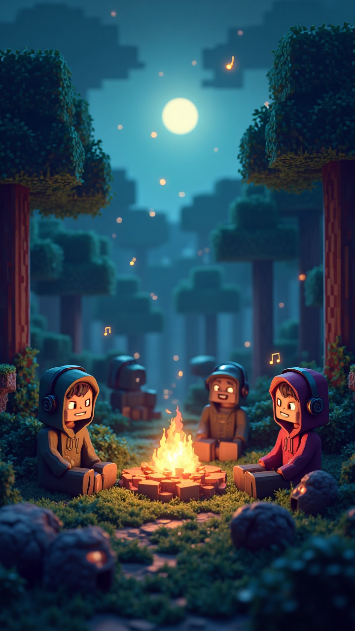 A Peaceful Nighttime Scene of Minecraft Zombies in a Forest