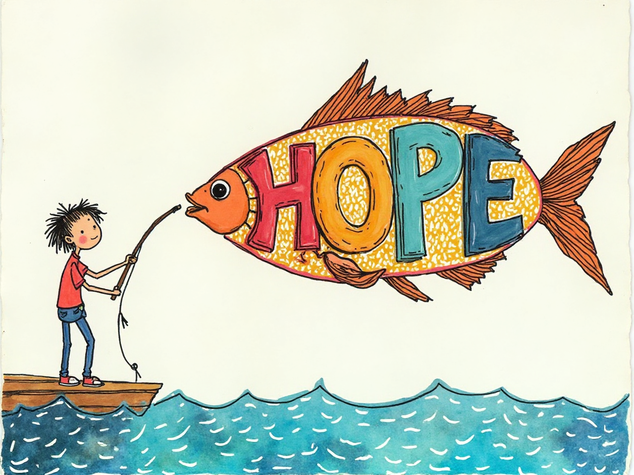 Creative Doodle Art with a Stick Figure and Hope Fish