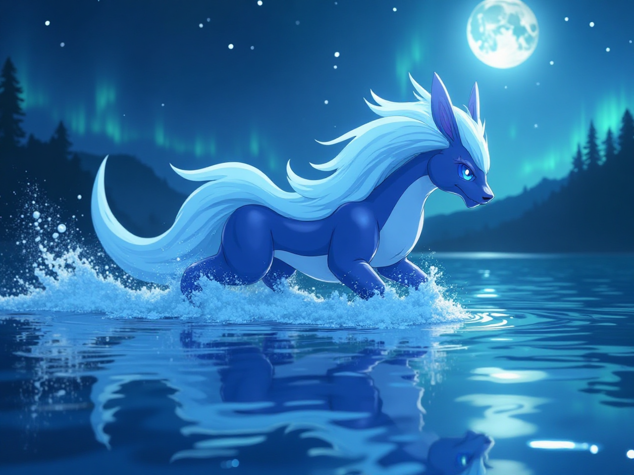 Stunning Cinematic Artwork of Suicune Dashing Across the Lake