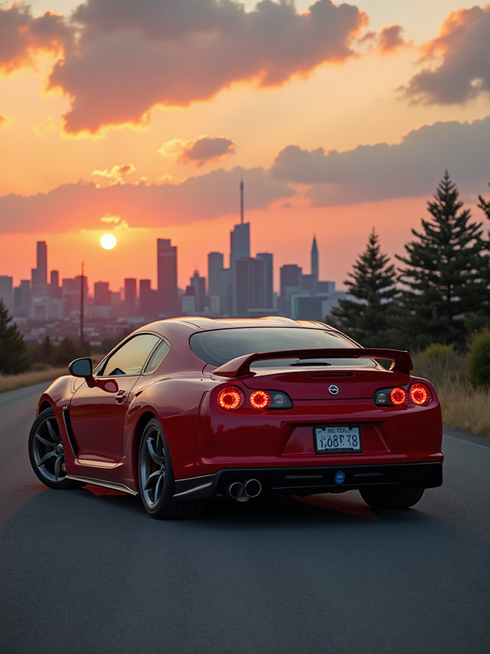 A Red Supra MK4 Against a Beautiful Sunset City