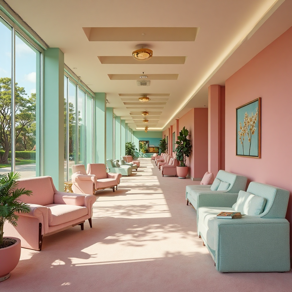 Charming Mid-Century Modern Hotel Lobby in Pastel Colors