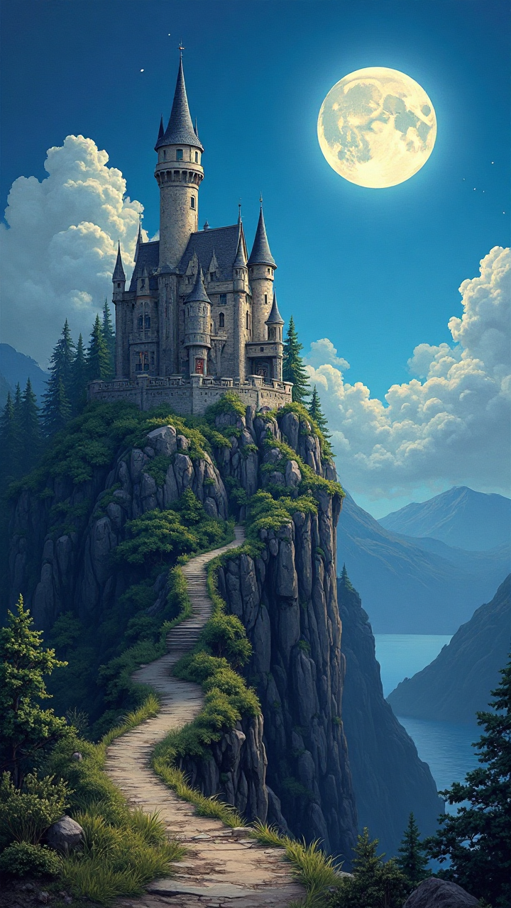 A Surreal Castle Under the Full Moon Sky