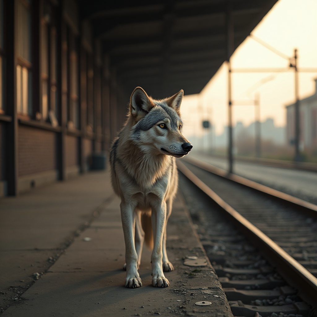 A Nostalgic Scene of a Lone Wolf at an Abandoned Train Station