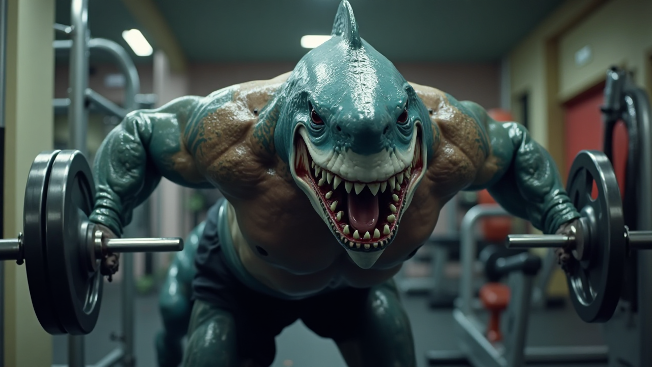 The Unusual Gym Workout of a Shark-Headed Humanoid