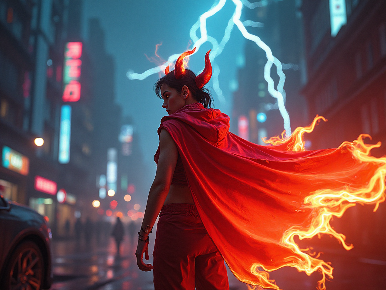 A Fiery Devil in a Cyberpunk Neon Cityscape