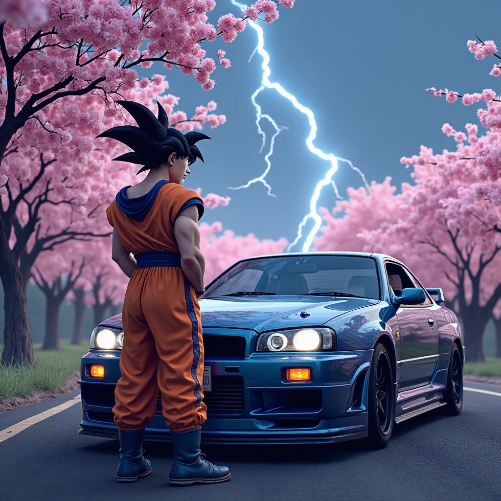 Goku's Adventure with a Nissan GTR R34 in Colorful Japan